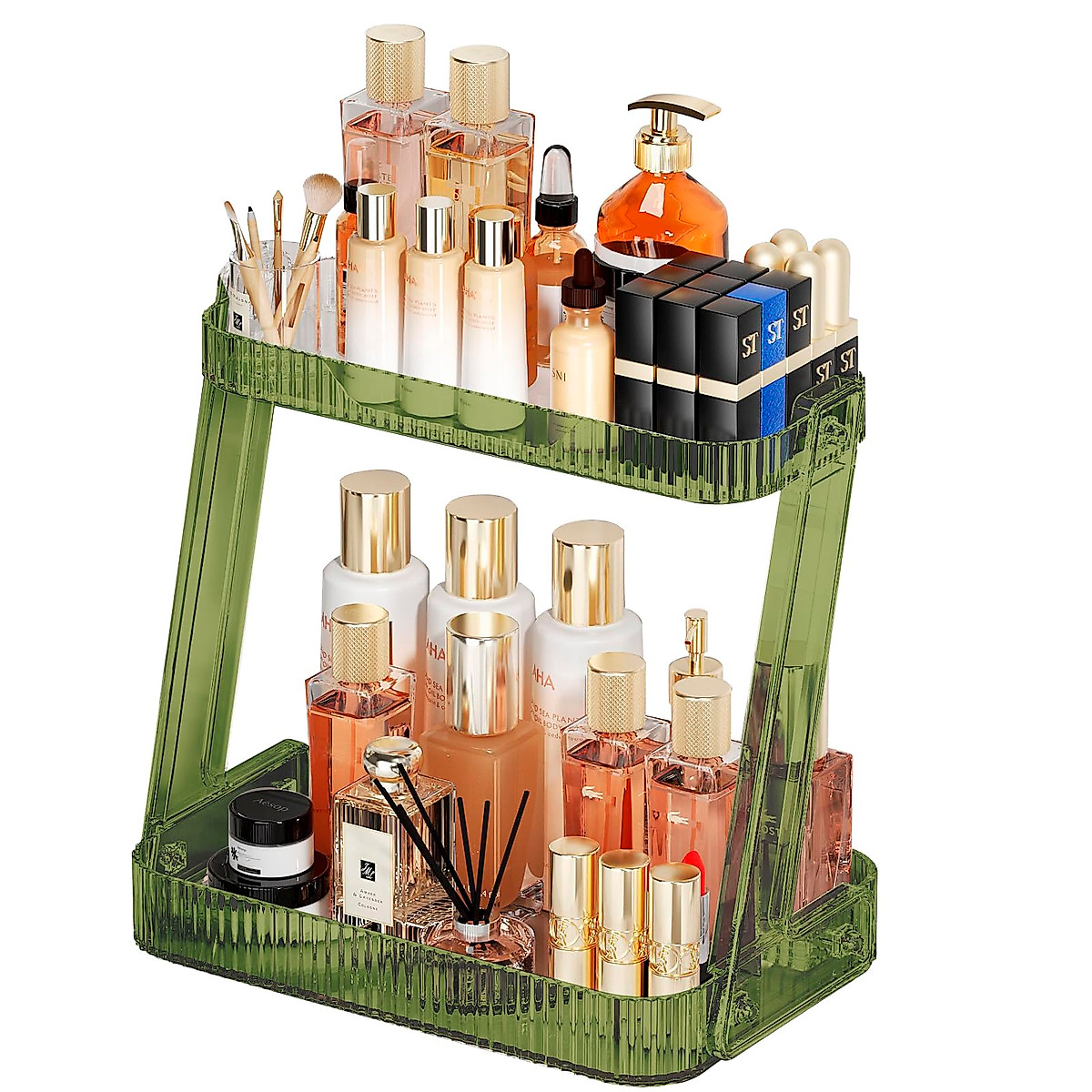 Happnear Bathroom Counter Organizer, 2 Tier Perfume Tray and Vanity Organizer for Bathroom Counter, Cosmetics Skincare Organizer Shelf, Standing Countertop Organizer for Bathroom, Kitchen, (Green)