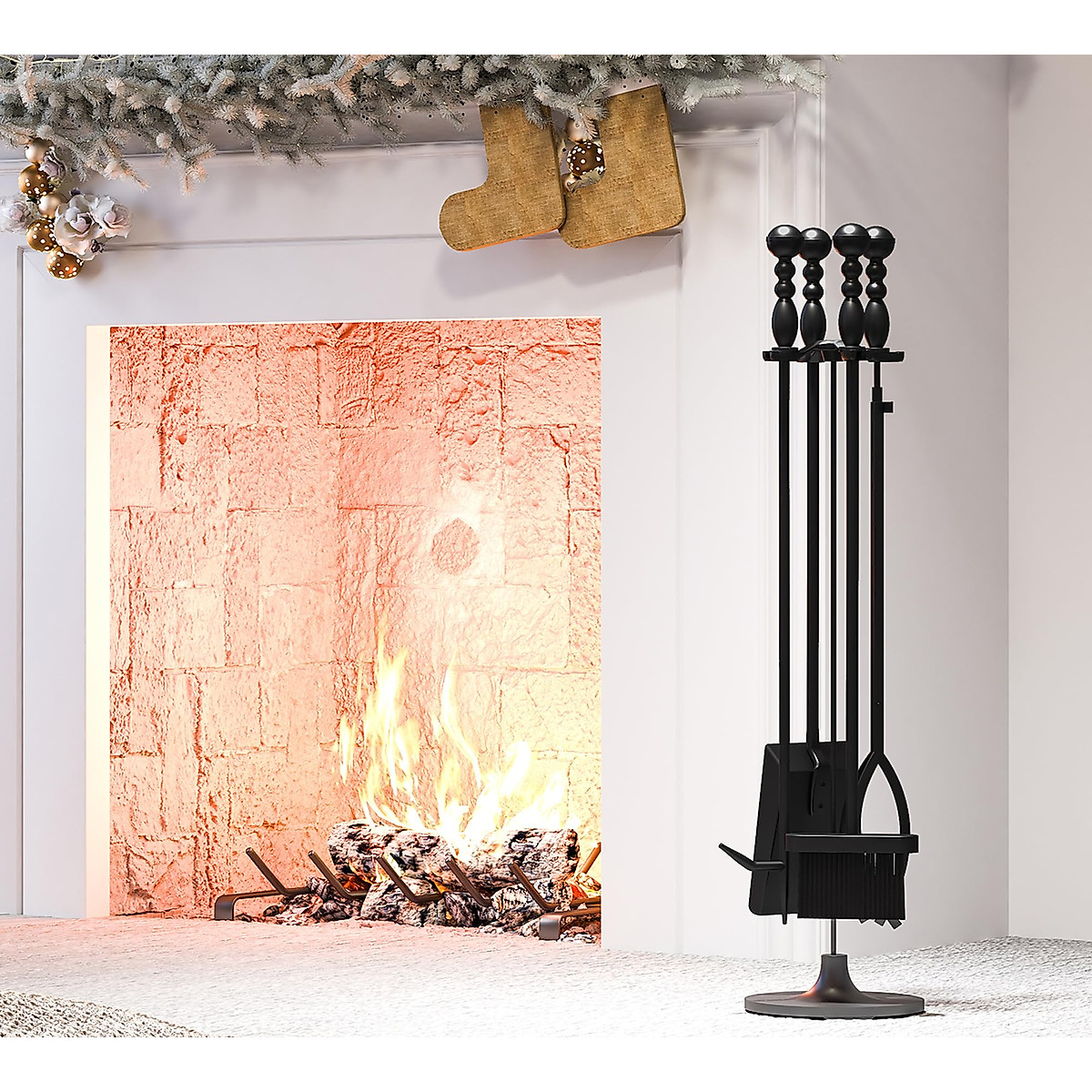 Kingson Fireplace Tools Set 30.7" 5 Pcs Heavy Duty Wrought Iron Fire Place Accessories Set Fireplace Tools Outdoor Fire Pit Tools Indoor Fireset Poker Tongs Brush Shovel-Black