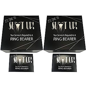 Ring Bearer Gift Boxes Empty (8x8x4 in), 2 Set with Silver Foil Design and Matching Proposal Cards for Asking The Groom's Team to Be in Wedding. (2 Ring Bearer, 2)