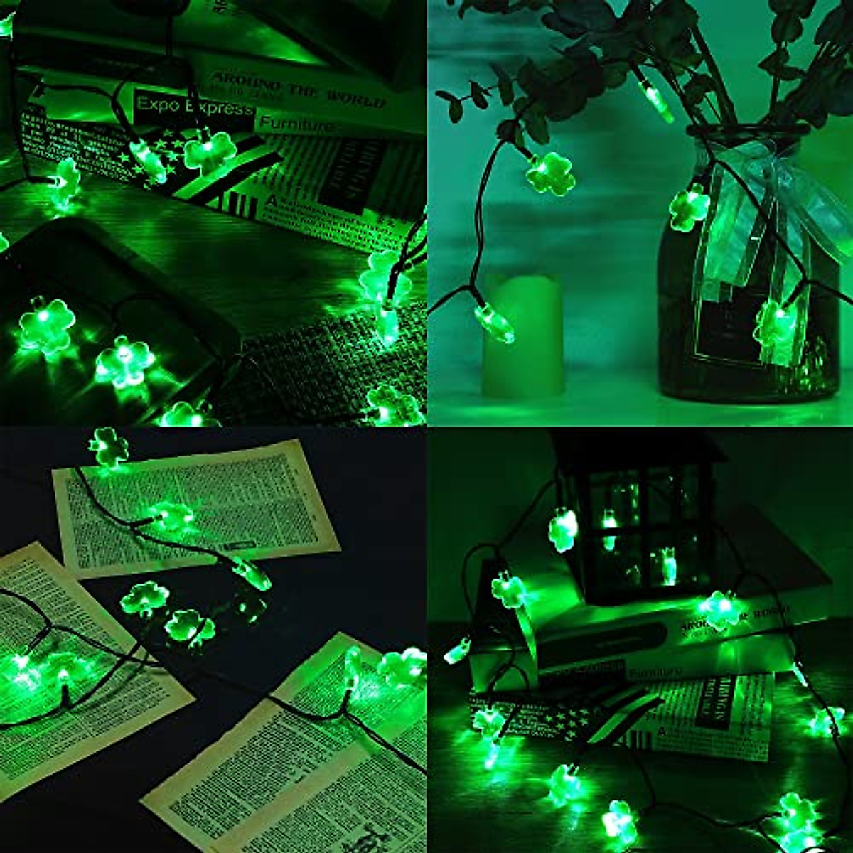 LJLNION St. Patricks Day String Lights Outdoor, 50 LED 16 FT Shamrocks Decorative Green Leaf Lights Battery Operated, 8 Lighting Modes & Timer, Waterproof for Home Garden Party Decoration, 2 Pack