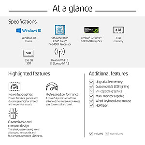 HP Pavilion Gaming Desktop Computer, 9th Generation Intel Core i5-9400F Processor, NVIDIA GeForce GTX 1650 4 GB, 8 GB RAM, 256 GB SSD, Windows 10 Home (TG01-0020, Black)