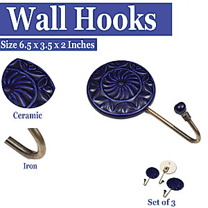 Alpha Living Home Set of 3 Ceramic Wall Coat Hooks, Round Decorative Robe Hook, Scarf, Bag, Towel, Hat etc for Kitchen Bathroom Office Farmhouse Wall Mounted Hanging - Antiue Royal Blue