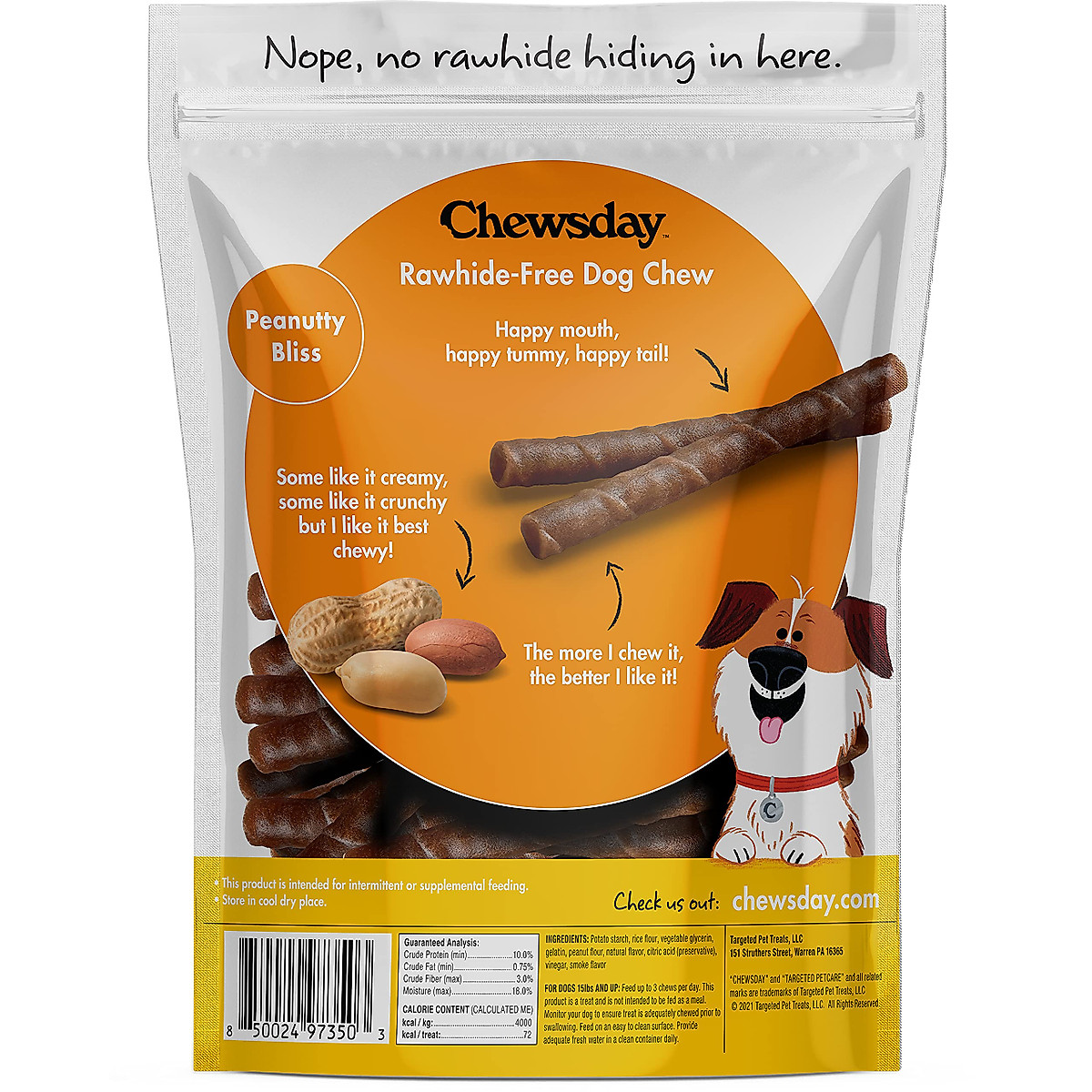 Chewsday 6-Inch Chewy Dog Chew Twists, Made in The USA, All Natural Rawhide-Free Highly-Digestible Treats, Peanutty Bliss - 14 Count