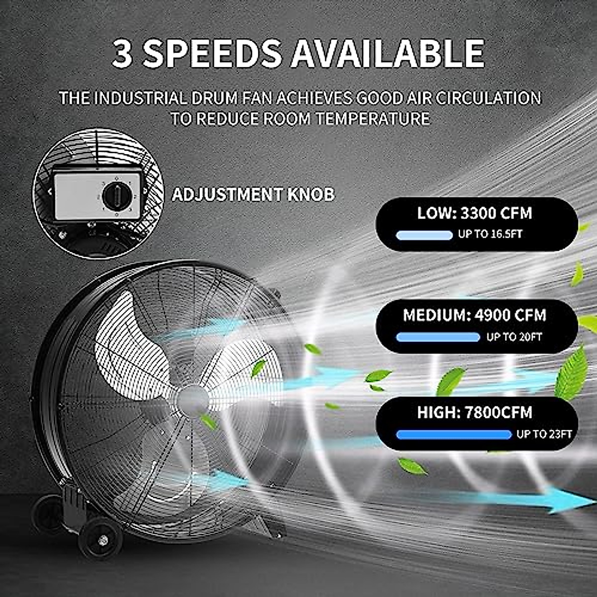 COSTWAY Industrial Drum Fan, 24 Inch 3-Speed Barrel High-Velocity Air Circulator Fan with Built-in Wheels & Aluminum Blades, Portable Heavy-Duty Metal Floor Fan for Garage, Warehouse, Workshop, Black