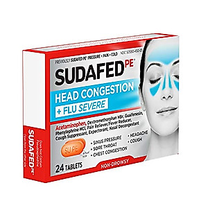 Sudafed PE Head Congestion + Flu Severe Decongestant Tablets for Adults, 24 ct