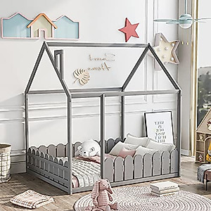 MERITLINE Full Size Bed House Bed, Montessori Beds Frame with Fence, Kids Wood Floor Cottage Beds, Playhouse Bed Frame for Girls Boys Teens, Box Spring Needed, Grey