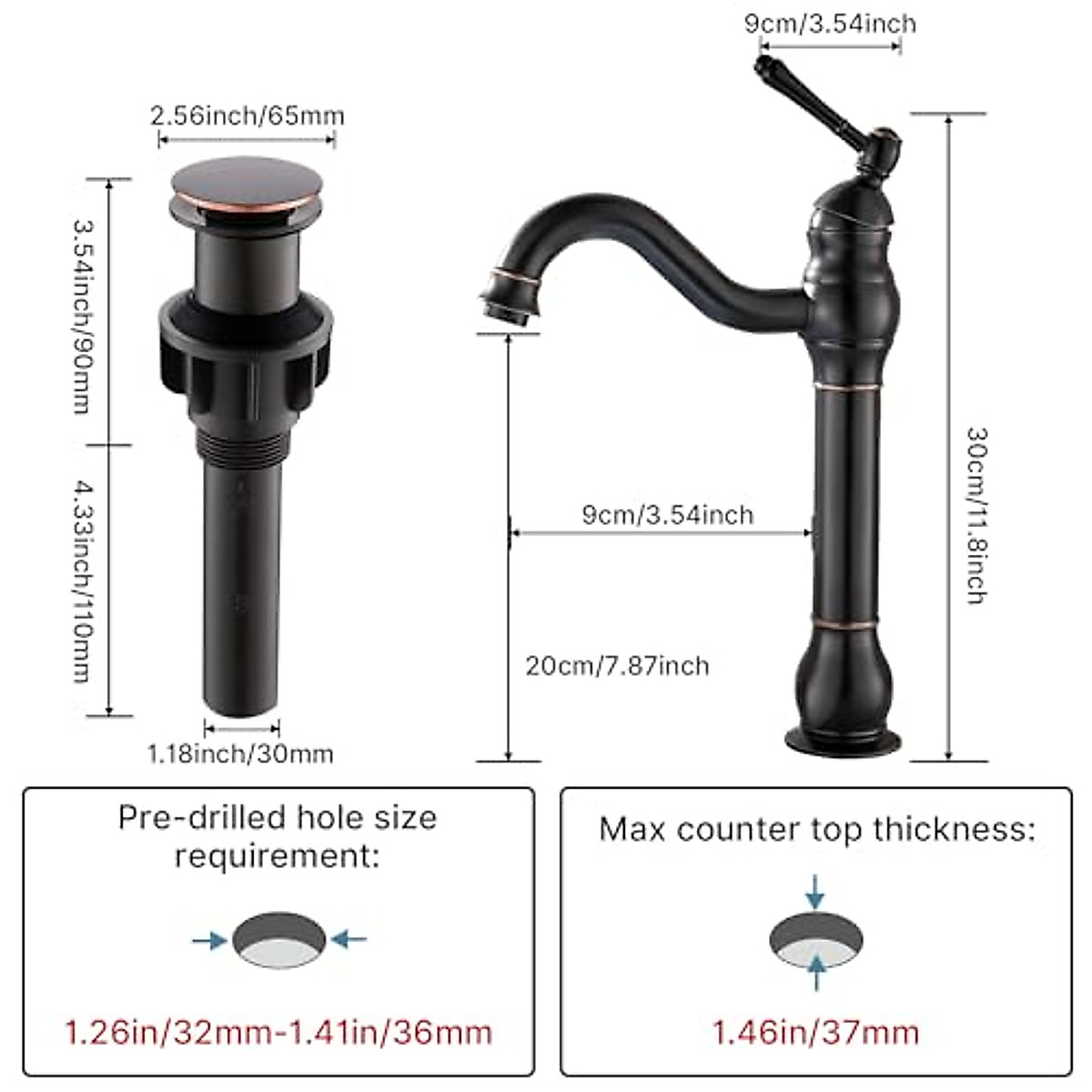 Solepearl Vessel Sink Faucet Oil Rubbed Bronze, 360° Swivel Bathroom Sink Faucet with Pop Up Drain, Countertop 7.87" Tall Spout Single Handle Lavatory Vanity Mixer Tap, Single Hole Deck Mount