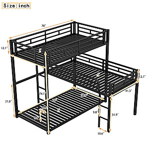 BIADNBZ Triple Bunk Bed for 3 Kids Adults, Black