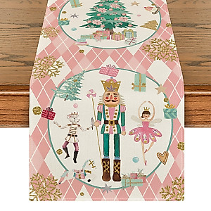 Artoid Mode Pink Diamond Plaid Nutcracker Snowflake Christmas Table Runner, Seasonal Winter Kitchen Dining Table Decoration for Home Party Decor 13x72 Inch