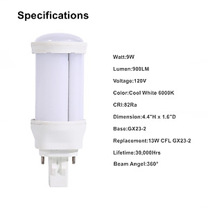 SATZOL 9W GX23-2 LED Bulb, 900LM Cool White 2Pin LED PL Bulb, PLS-13W CFL Equivalent, Super Bright Plug and Play LED Bulb Compatible with The Magnetic Ballast, 2 Pack (Cool White 6000K)