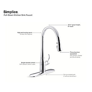 KOHLER Simplice Pull Down Kitchen Faucet, 3-Spray Faucet, Kitchen Sink Faucet with Pull Down Sprayer, Polished Chrome, K-596-CP