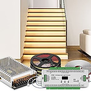 BTF-LIGHTING PIR Sensor Stair Light ES32 Controller Kit 3X16FT Custom FCOB LED Strip Length Fits All Widths of Stairs DC24V 3000K CRI 90+ 8mm Width Dimmable Uniform Light Multiple On and Off Modes