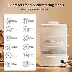 Electric Steamer for Cooking Vegetable Steamer Food Steam Cooker 900w Motor for Fast Steaming Veggie Dumpling Tamale Fish Egg Bun Tortilla,12.68 Quart 3-Tier Design Bpa-Free,Auto Shutoff,Smart Digital