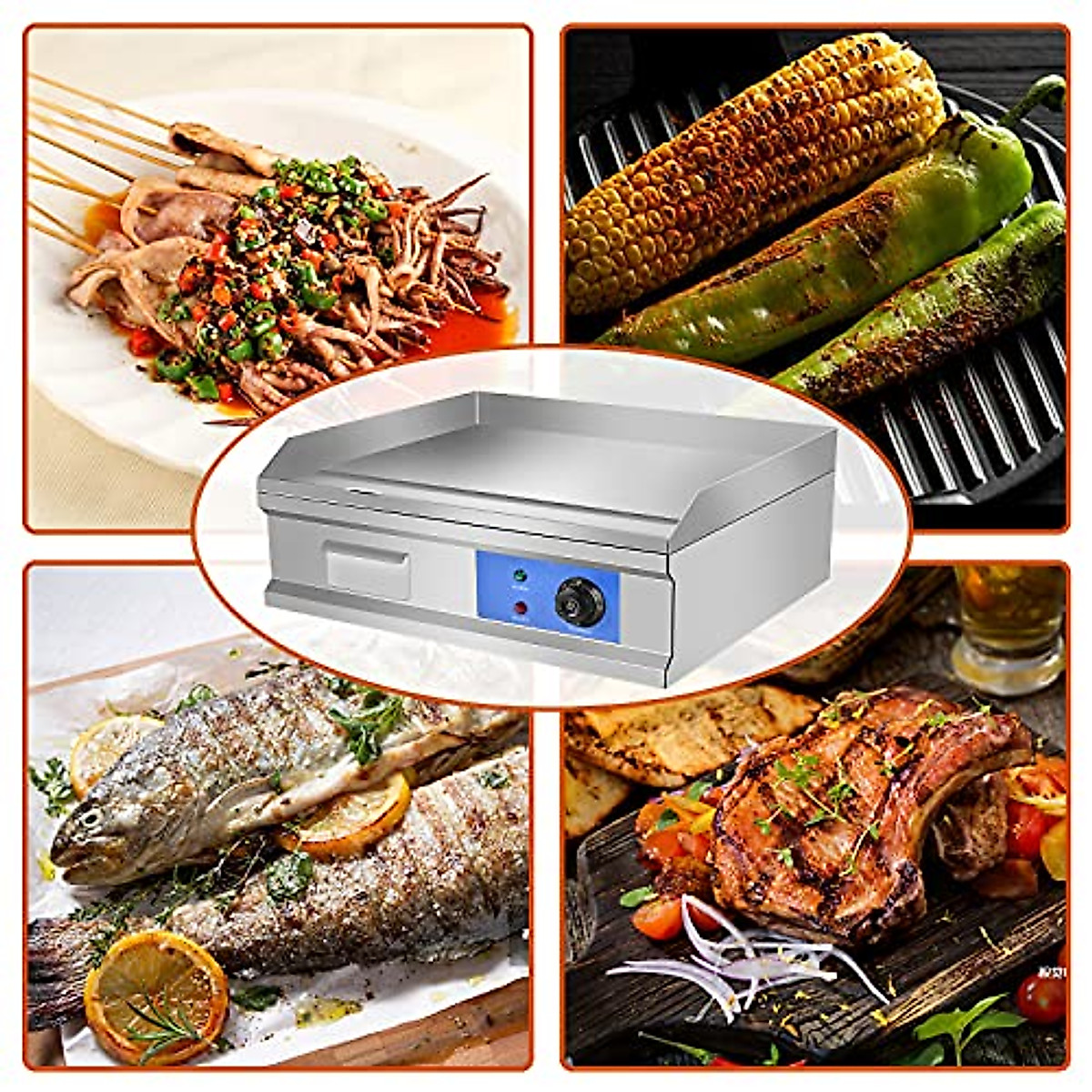 3000W 21.6" Electric Countertop Flat Top Griddle Grill Non-Stick Commercial Restaurant Teppanyaki Grill Stainless Steel Tabletop Flat Top Grill Machine with Adjustable Thermostatic Control,110V