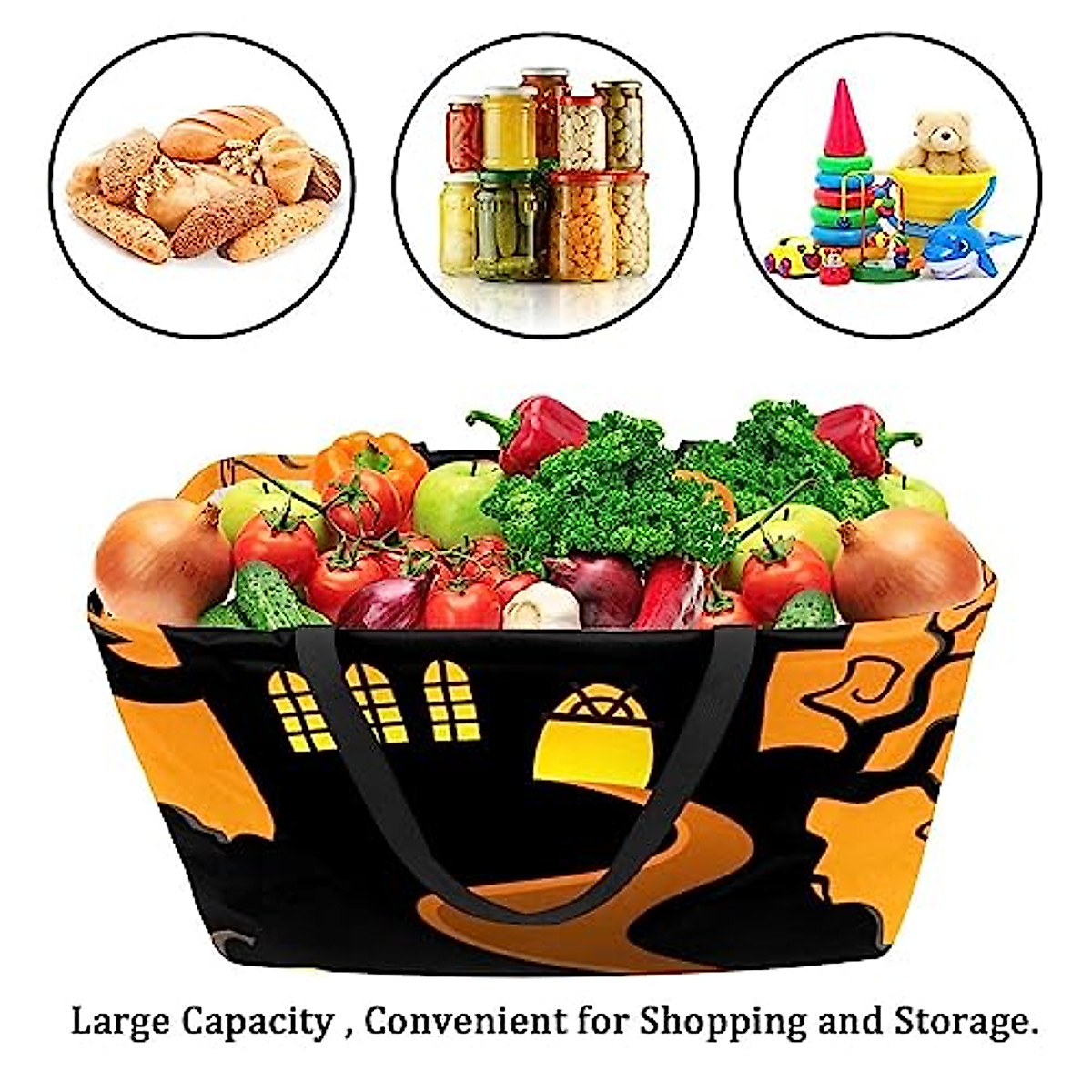 KQNZT Reusable Grocery Bags, Large Foldable Reusable Shopping Tote Bags Bulk for Groceries, Waterproof Kitchen Cloth Produce Bags with Long Handles, Halloween Bat Pumpkin Night