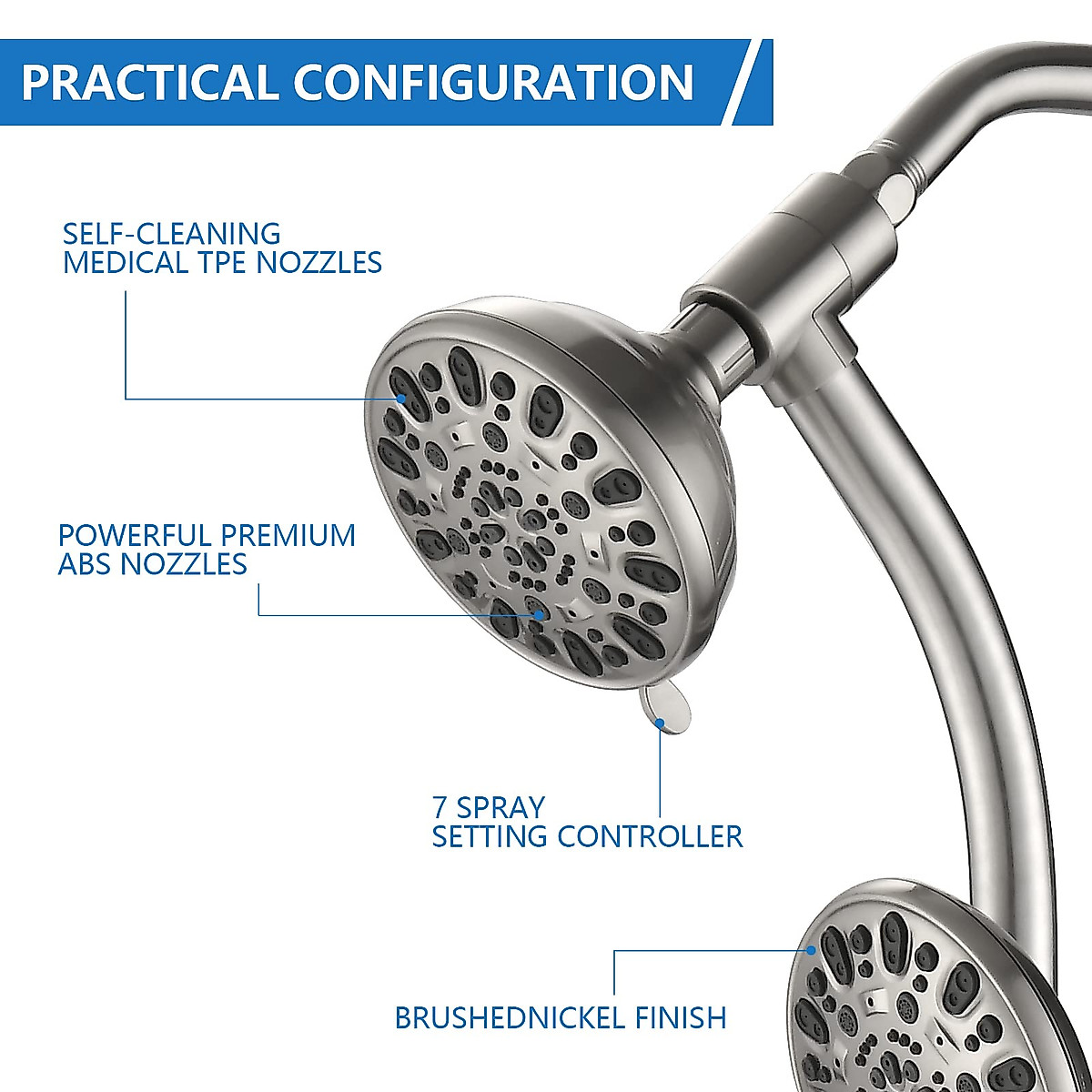 UCLIMAA High Pressure 48-Settings Shower Head with Handheld Shower,Drill-Free 3-Way Diverter for Easy Reach,Adjustable Height Slide Bar Dual Shower Head Combo Set - Brushed Nickel