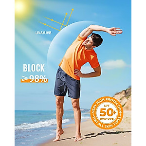 Boladeci Swim Shirts for Men Rash Guard Short Sleeve Tshirts Summer Sun UV Protection Clothing Orange Sport Workout Gym Athletic Shirts Tees