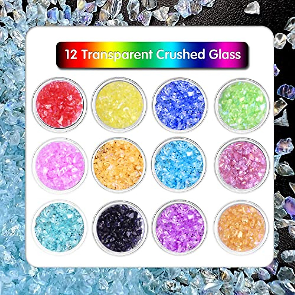 12 Box Transparent Crushed Glass Craft Glitter for Resin Art,Small Broken Glass Pieces Irregular Metallic Crystal Chips Chunky Flakes Sequins for Nail Arts DIY Vase Filler Epoxy Jewelry Making