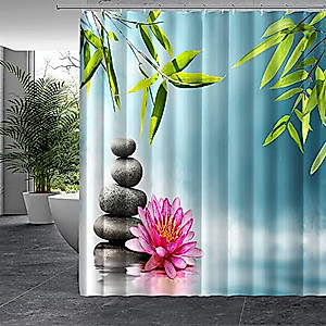 NYJSMYG Spa Shower Curtains Lotus Green Bamboo Leaf Flower and Basalt Stones Bathroom Polyester Fabric Decor Hanging Cloth Curtain Sets 70 x 70 Inch with Hooks