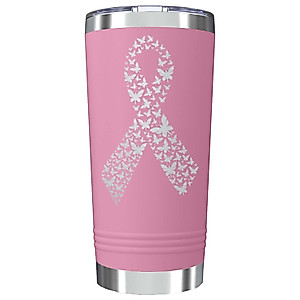 shop4ever Breast Cancer Ribbon Butterfly Insulated Tumblers 20 oz. with Lid, Stainless Steel Cups Travel Coffee Mug (Light Pink)