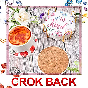 Ceramic Coasters with Holder, Sets of 6 Floral Coasters, Wildflower Ceramic Drink Coaster, Suitable for Kinds of Cups, Wooden Table Decoration, Spring Summer Home Decor, Tabletop Protection 4 Inches