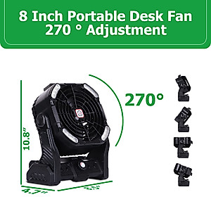 Camping Fan with LED Lantern, Portable Fan Rechargeable Battery Powered Fan for Outdoor Camping Fans, 270°Head Rotation Beach Fan, Quiet Table Fan Battery Operated USB Fan for Tent Picnic Black X26