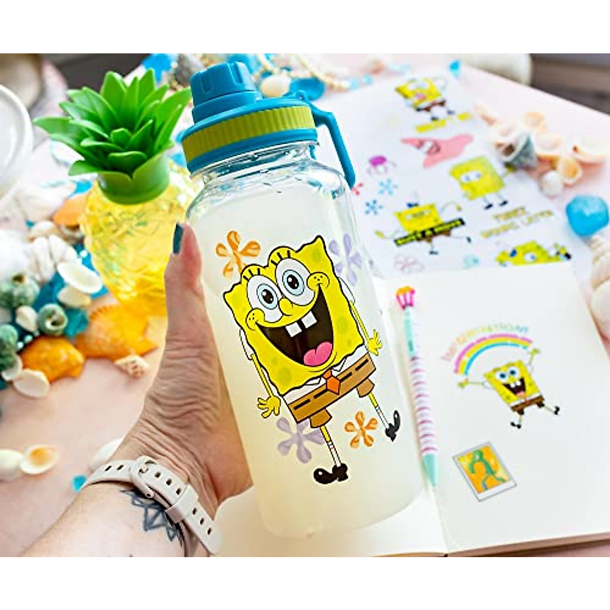 Silver Buffalo SpongeBob SquarePants Happy Laugh Flowers 32-Ounce Twist Spout Water Bottle And Sticker Set | BPA-Free Plastic Sports Jug