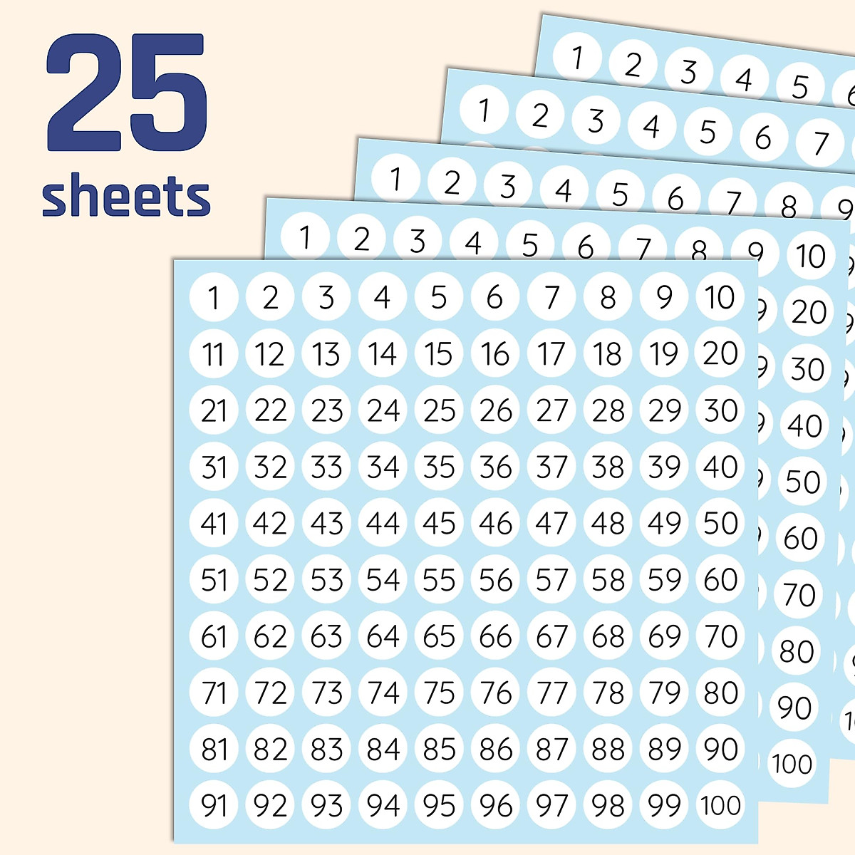 25 Sheets, 1 to 100, Number Stickers Labels - 0.4" Round, Pack of 2500