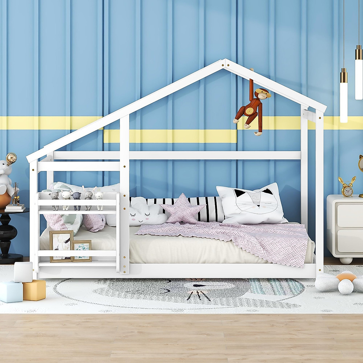 Bellemave House Bed for Kids, Twin Floor Bed, Pine Wood House Floor Bed, Montessori Bed for Kids, Gray with Shelf