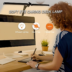 Hitish LED Desk Lamp, 24W Super Bright Architect Desk Lamp with 3 Color Modes & 10 Brightness Levels for Home & Office, Eye Protection Swing Arm Desk Lamp with Base & Clamp for Study, Work, Monitor
