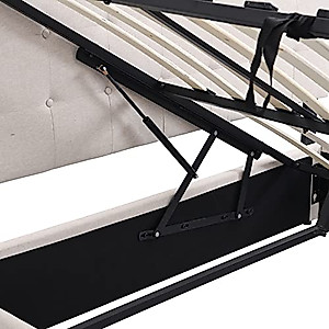 Contemporary Linen Upholstered Platform Bed Mattress Foundation w/Button Tufted Headboard&Slats for Adult,Low Panel Bedframe w/Gas Lift up Storage Space&Wooden Slats,No Box Spring Needed (Beige,Queen)