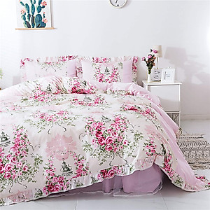 FADFAY Floral Bedskirt Set Lace Bedding Pink Duvet Cover Set Rose Printed 100% Cotton Queen House Bedding Sets for Girls Women (4-Piece, Queen, Pink)