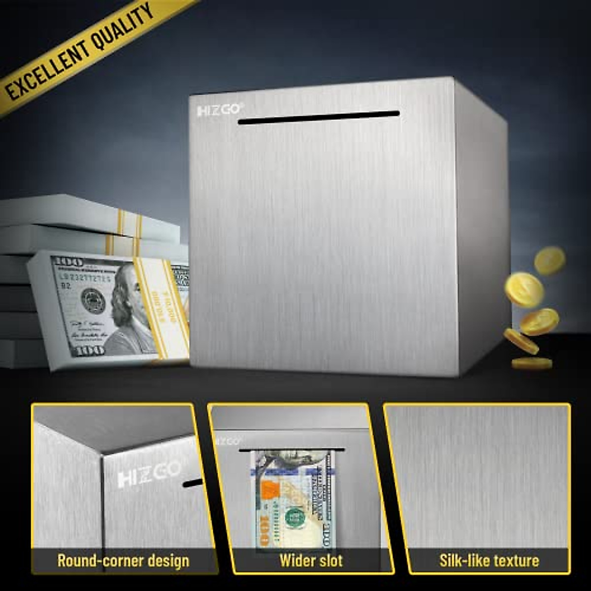 hizgo Piggy Bank for Adults Stainless Steel Savings Bank to Help Budget and Save Must Break to Access Money（5.9 inch）