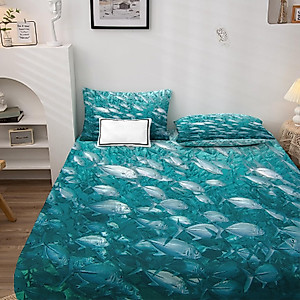 Fish Sheets Full Size, Underwater Bed Sheets, Patterned Bedding Sheets & Pillowcases 4 Piece Set - Soft Microfiber Deep Pocket Fitted Sheet & Flat Sheet & 2 Pillow Cases K2-&-292