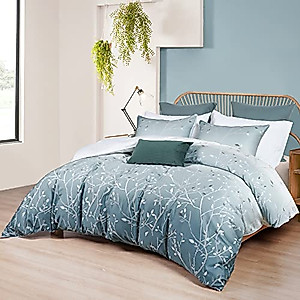 David's Home 100% Cotton Duvet Cover Set King Size, Natural Twigs Pattern Duvet Cover with Pillow Shams, 3pcs Ultra Soft and Breathable Comforter Cover Set, 106x90 Inches, Gradient Ombre Turquoise