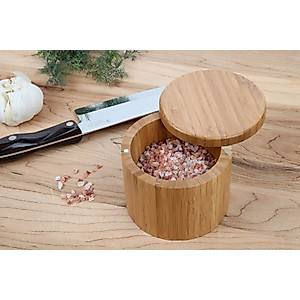 Lily's Home Round Bamboo Jar, Salt and Spices Storage Container, Small 6oz Salt Wooden Box With Magnetic Lock