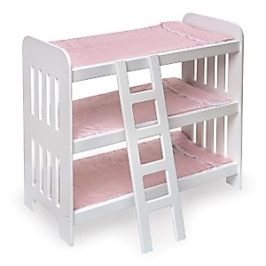 Badger Basket Triple Doll Bunk Bed with Ladder and Bedding for 20-Inch Dolls – Pink Gingham Design with Personalization Kit
