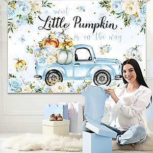 Little Pumpkin Baby Shower Decoration Backdrop for Boy A Sweet Little Pumpkin is On The Way Fall Blue Floral Truck Photography Background It's a Boy Party Decor Banner 5x3ft