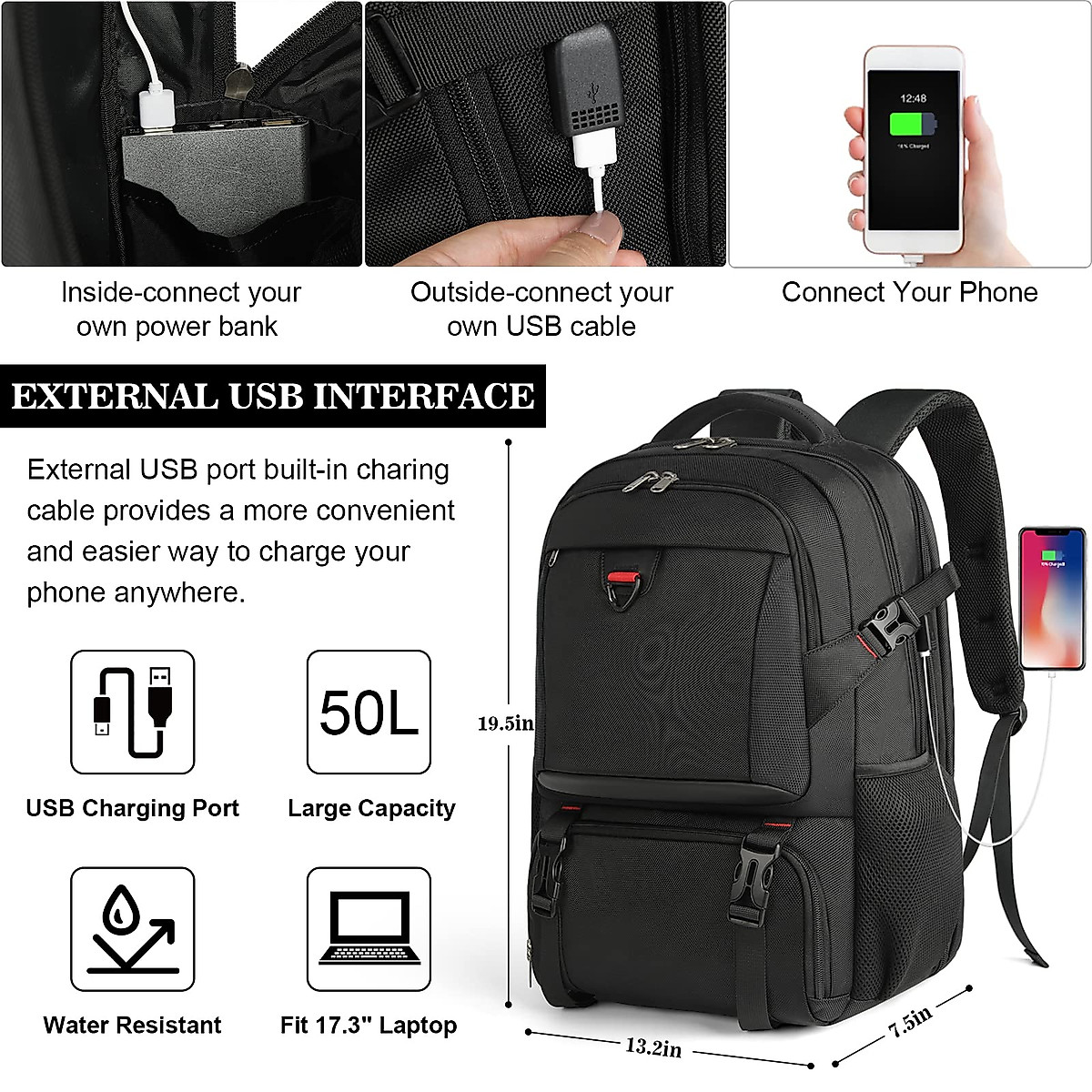 Travel Backpack Extra Large Laptop Backpack 17 Inch with USB Charging Port Waterproof TSA Friendly Computer Backpack for Men Women Work College School Lunch Backpack with Cooler Compartment,Black