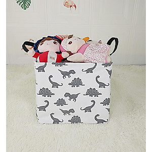 HUAYEE Squrage Storage Bin Canvas Fabric Storage Basket, Waterproof Coating Toy Organizer with Handles, Gift Basket for Home, Office, Clothes, Toy, Shelf Basket (Square Gray Dinosaur)