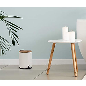 Kazai.®️ Bamboo Bathroom Trash Can | Soft Close and Slip-Resistant | 3L / 0.8 Gall. | Stainless Steel | White