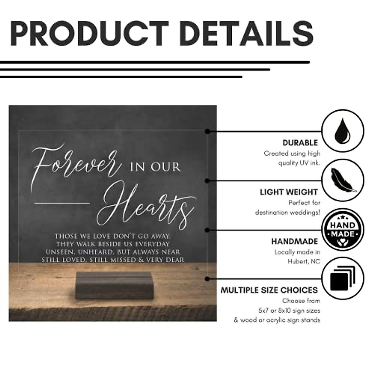 Wedding Memorial Table Sign - 8” x 10” Forever in Our Hearts Clear Acrylic Stand - Perfect Loved Ones Passed Away Gifts for Memorial Decor, Signs for Celebration of Life, In Loving Memory Plaque