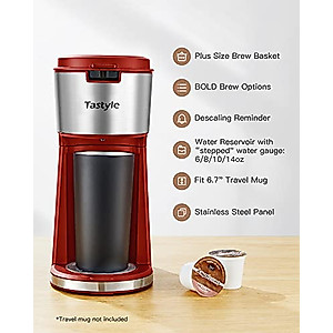 Single Serve Coffee Maker, with Reusable Ground Basket and Pod Holder, Easy to Use and Clean, One Cup Coffee Maker with Bold Brew, Descaling Reminder, Fits Travel Mug, 6 to 14 Oz Brew Size, Red