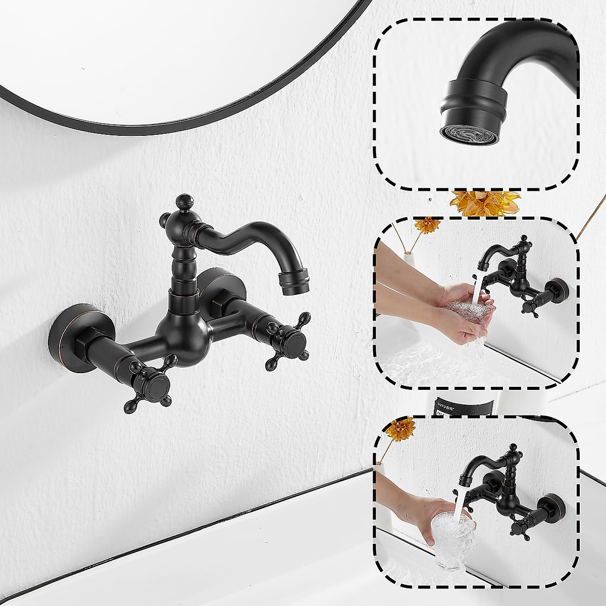 GGStudy Wall Mounted Kitchen & Bathroom Sink Faucet With Double Cross Handle Oil Rubbed Bronze