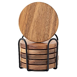 Wood Coasters for Drinks Tabletop Protection with Holder Set of 6, Acacia Wooden Coasters for Coffee Table Desk Round with Non-Slip Pad Cup Coasters for Home Office Christmas Decor 4 Inch
