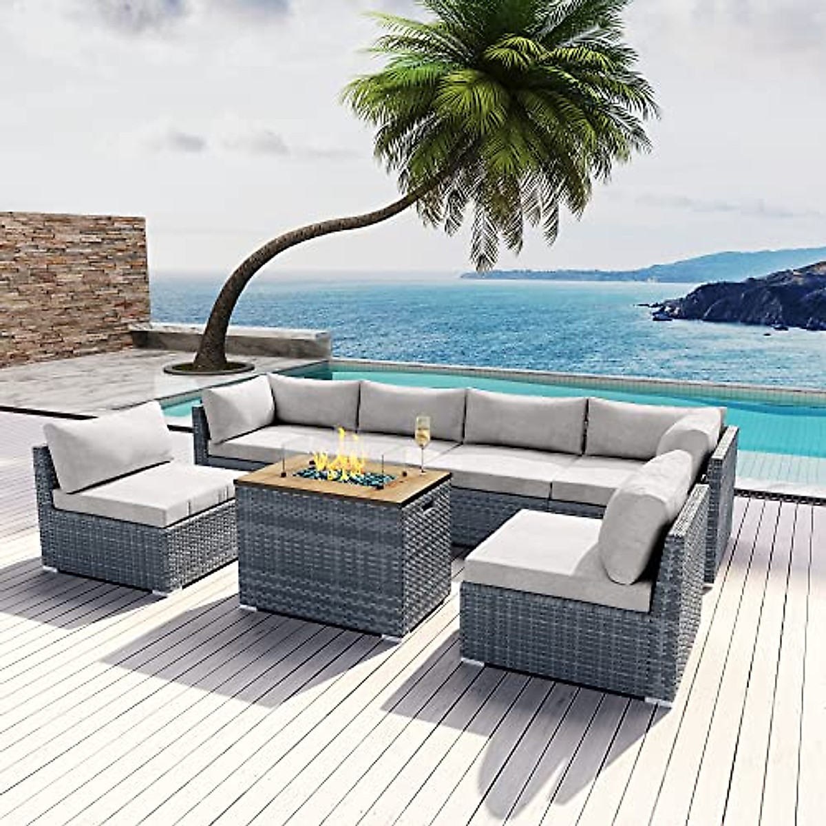 MODENZI Outdoor Sectional Patio Furniture Set with Propane Fire Pit Table Grey Resin Wicker Phoenix Collection Sofa Set (Light Grey)