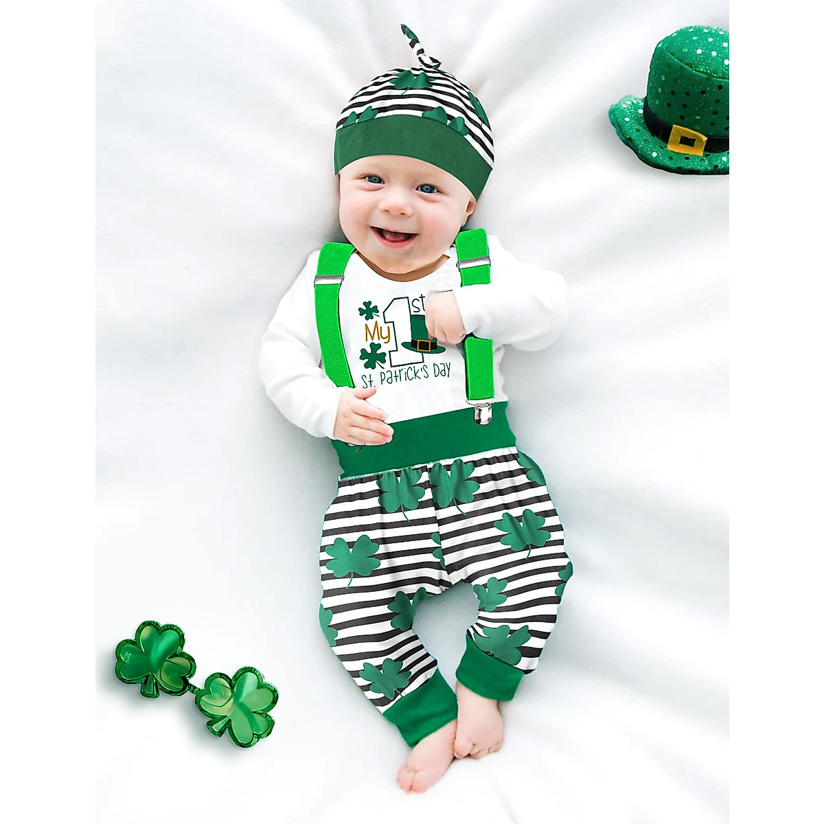 AGAPENG St Patricks Day Baby Boy Outfit Baby St Patricks Day Outfit Boy 3-6 Months Baby Boy St Patricks Day Outfit My First St Patricks Day 1st Romper Four Leaf Clover Suspenders Pants Stripe Hat