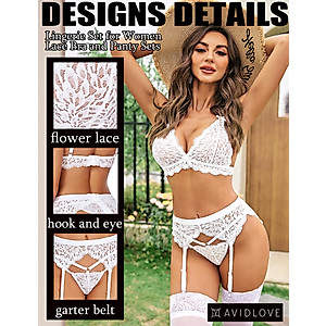 Avidlove Women Garter Lingerie Lace Bra and Panty Set Sexy 3 Piece Lingerie Set with Garter Belt (L, White)