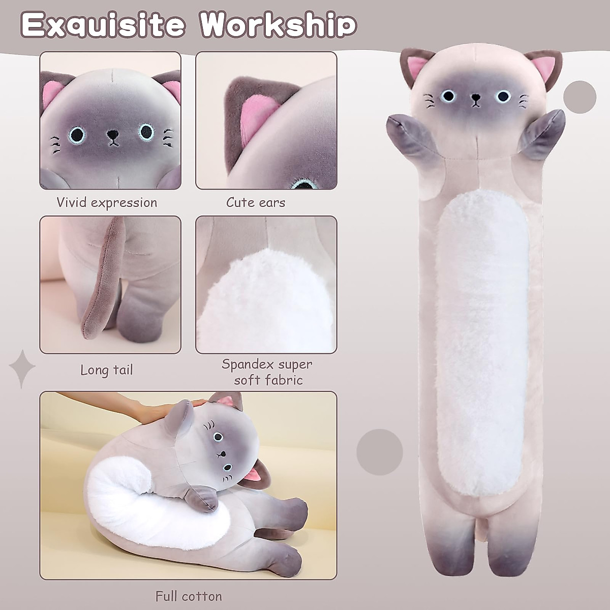 Finebee Long Siamese Cat Plush Body Pillows, Cute Siamese Cat Stuffed Animals Toy, Super Soft Long Siamese Cat Sleeping Hugging Pillow for Boys and Girls(50cm/19.6 inch)