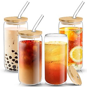 Dyserbuy Glass Cups with Bamboo Lids and Glass Straw 4pcs Set, 16oz Drinking Glasses, Beer Iced Coffee Glasses, Tumbler Cup, Ideal for Smoothie, Boba Tea, Whiskey, Water